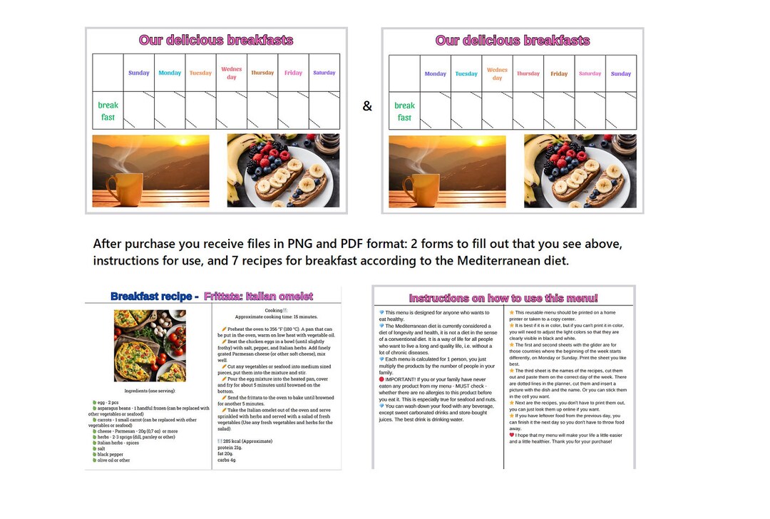 Breakfast Plan Weekly Printable Menu With Recipes - Menu Planner ...
