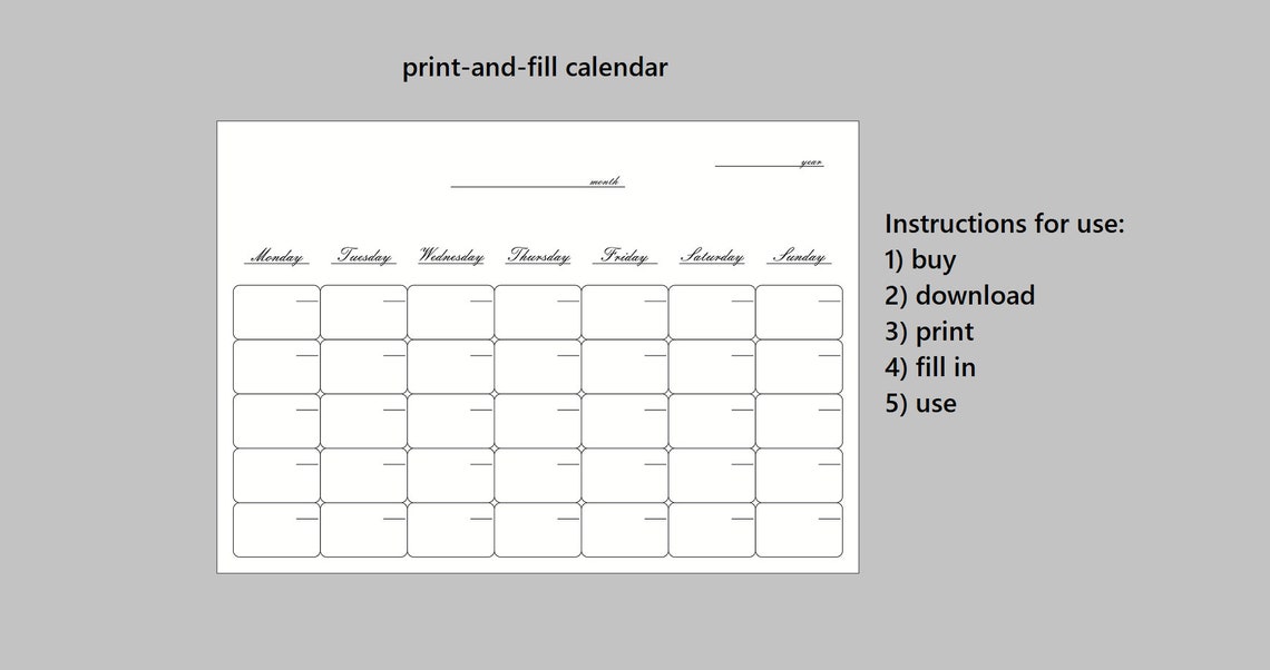 Printable Calendar to Fill Monthly Planner Landscape Layout, A4 Format ...