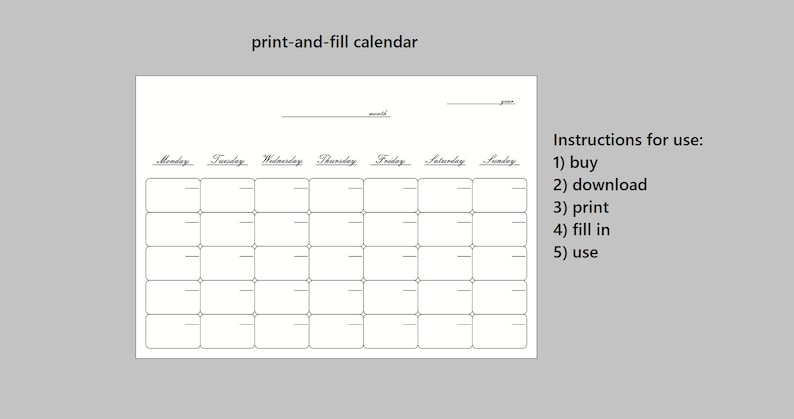 Printable Calendar to Fill Monthly Planner Landscape Layout, A4 Format ...