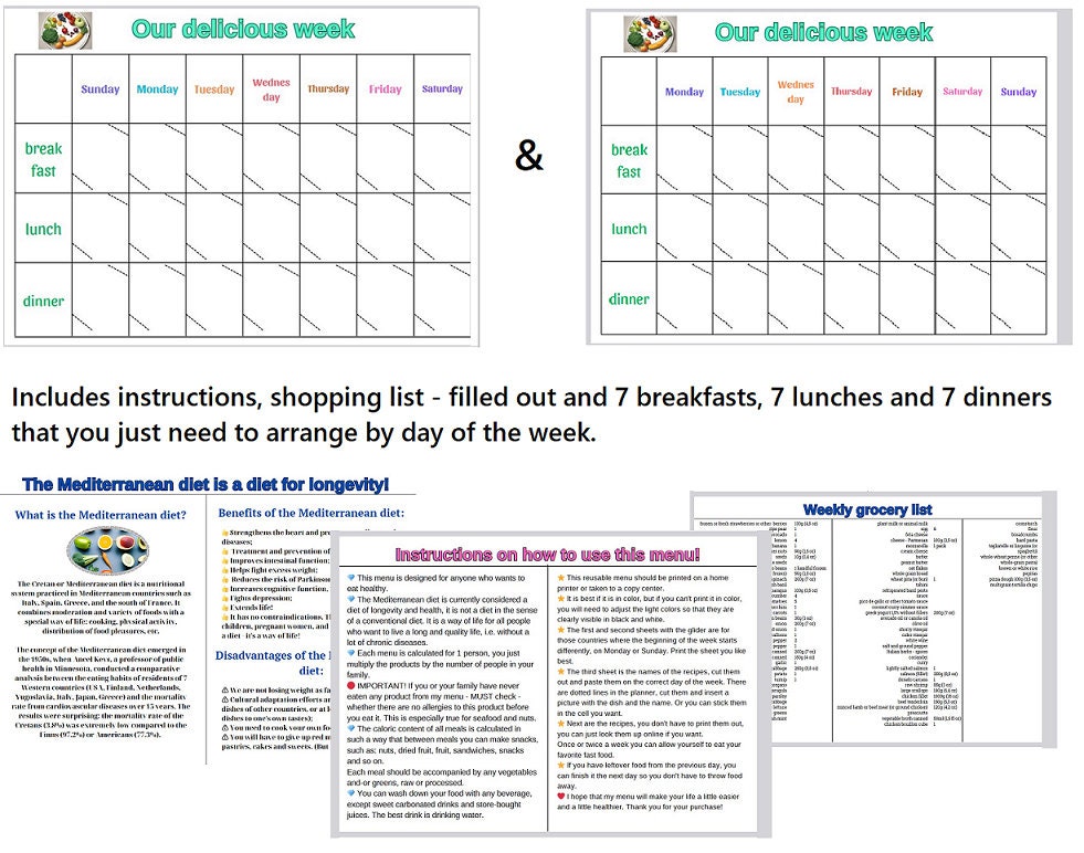 Weekly Balanced Menu Plan With Recipes, 21 Unique Mediterranean Diet ...