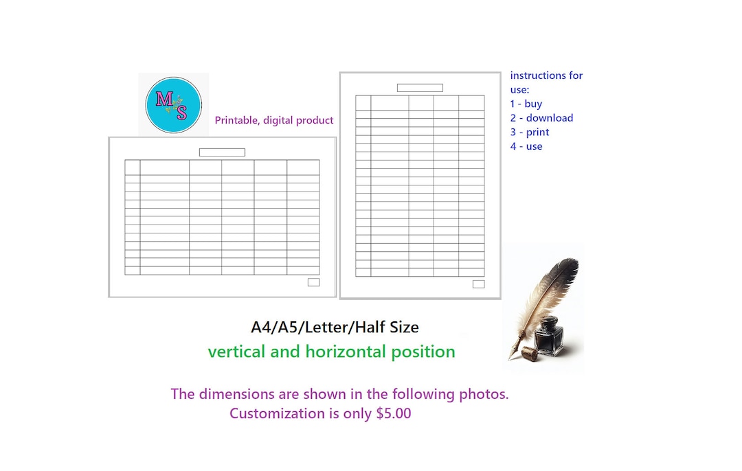 Printable Blank Table Fill In, With Date, Title and Page, Horizontal ...