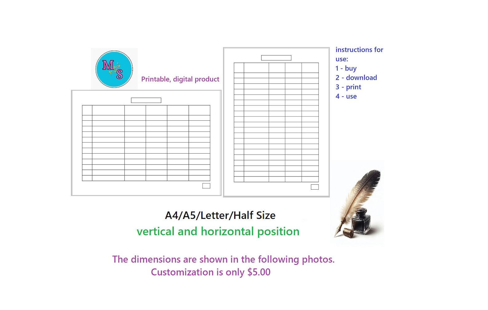 Printable Blank Table Fill In, With Date, Title and Page, Horizontal ...