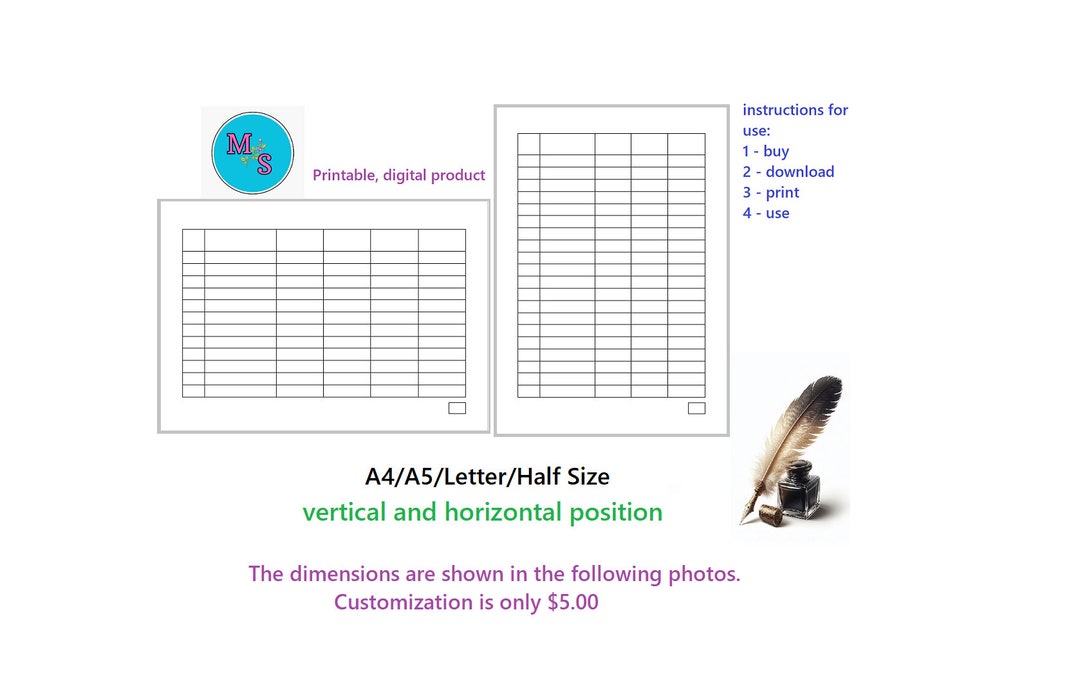 Blank Table With Page Fill in and Print, Spreadsheets, Horizontal and ...