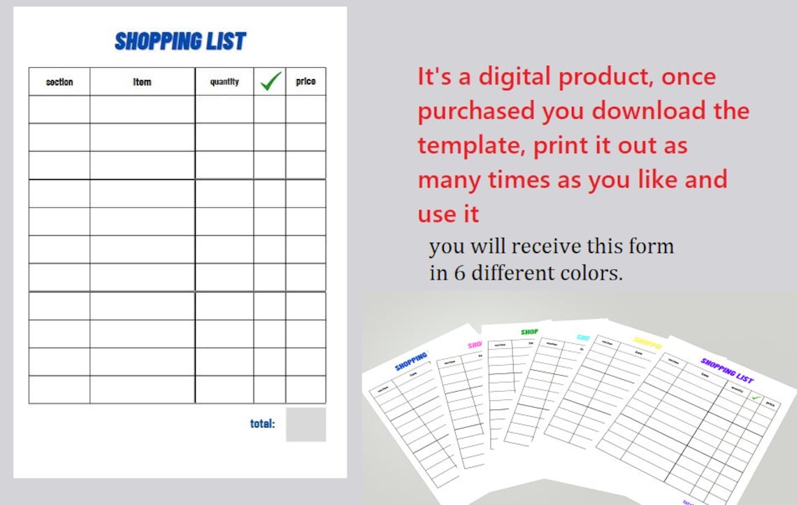 6 Printable Shopping Lists Template Grocery List, Reusable Shopping ...
