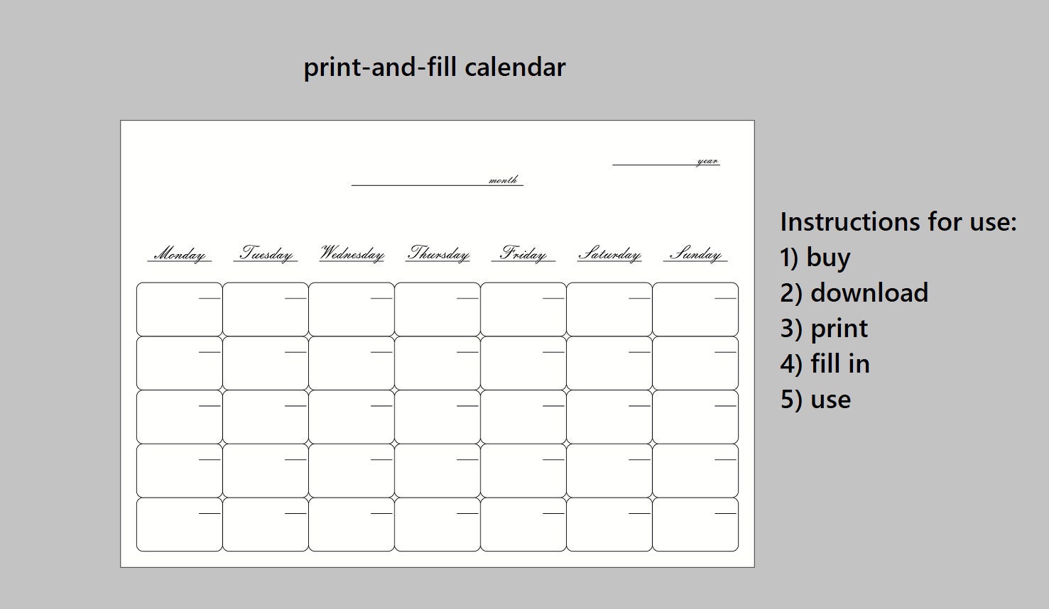 Printable Calendar to Fill Monthly Planner Landscape Layout, A4 Format ...