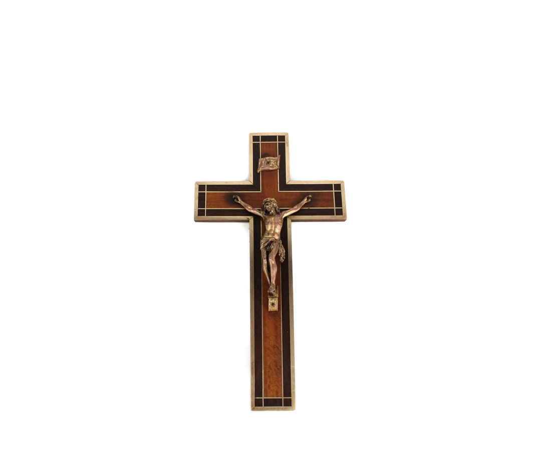Vintage Wooden Crucifix With Brass Inlay, Wall Hanging Jesus Crucifix ...