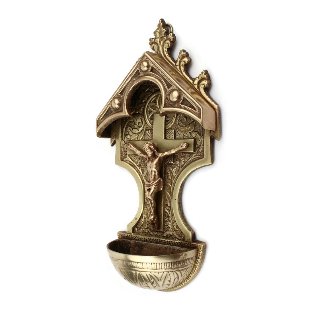Antique Brass Holy Water Font, Embossed Cast Brass Jesus Crucifix, Wall ...