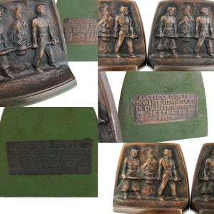 Cast Bronze Bookends, Vintage Art Deco Illustration of Steel Workers ...
