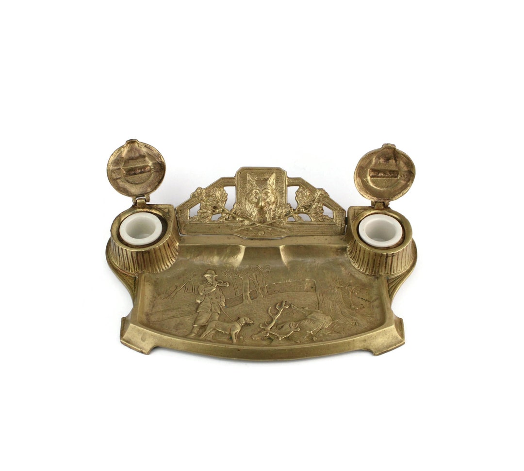 19th Century Double Inkwell, Antique Hunting Scene Inkwell England ...