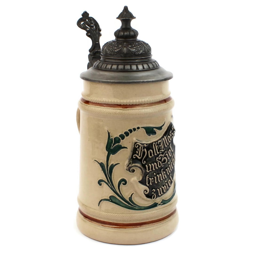 Vintage German Beer Stein, Pewter Lid Tankard, Stoneware 0.5L Mug, Half ...
