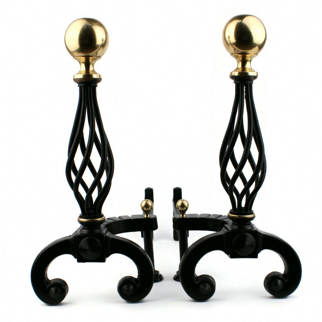 Antique French Iron Andirons, Fireplace Firedogs With Brass Finials ...