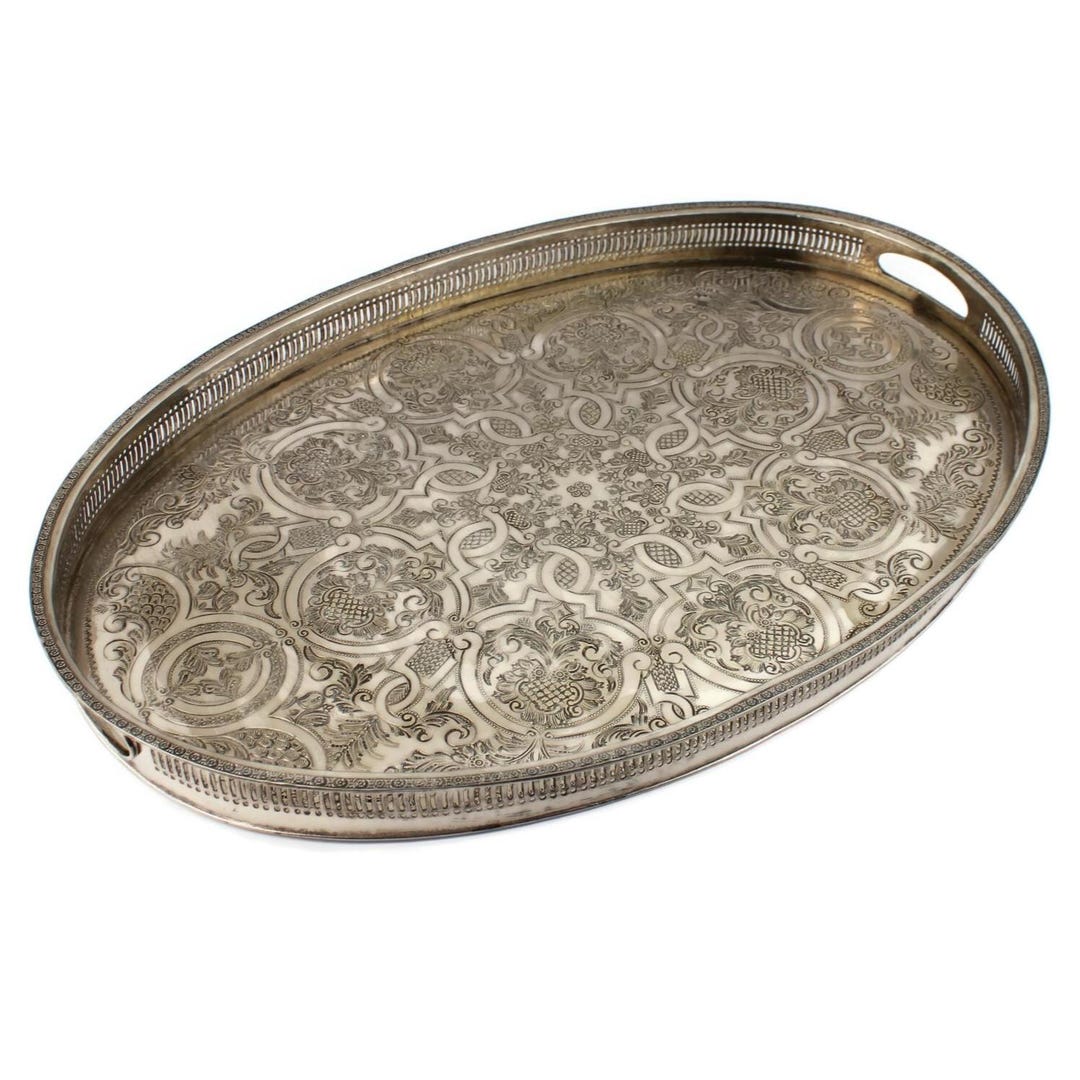 Vintage Moroccan Oval Tray, Metal Silver Tone Serving Tray, Hand ...