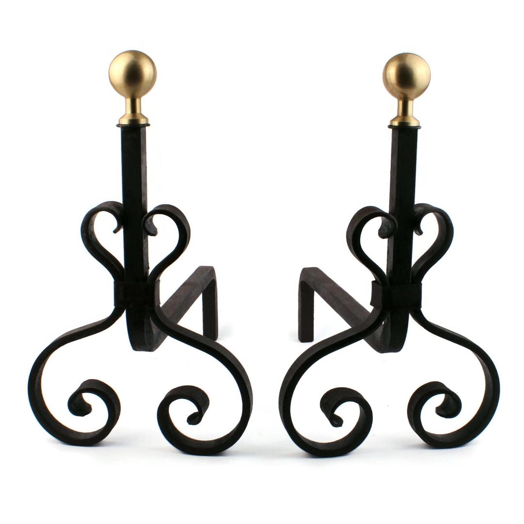 Antique French Iron Andirons, Fireplace Firedogs With Brass Finials ...