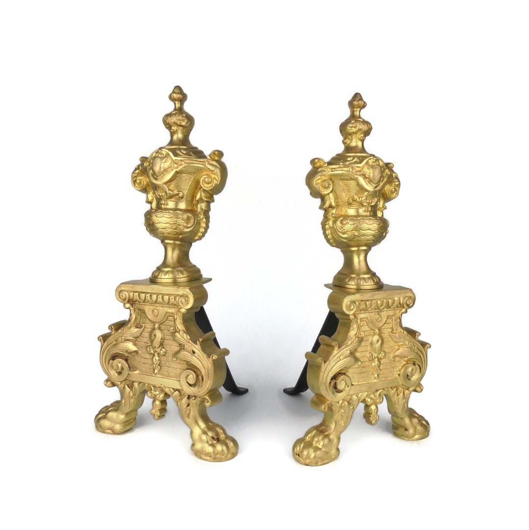 Antique Brass Andirons, Fireplace Brass Firedogs , Vintage French ...
