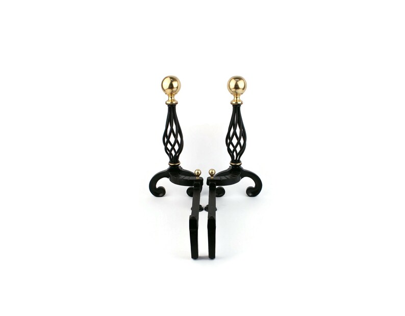 Antique French Iron Andirons, Fireplace Firedogs With Brass Finials ...