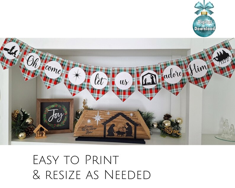 Printable Nativity Plaid Banner, "oh Come Let Us Adore Him" Christmas ...