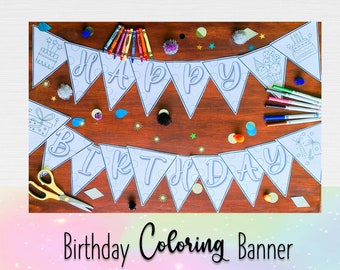 Happy Birthday Coloring Banner, Printable DIY Kids Banner, Birthday ...