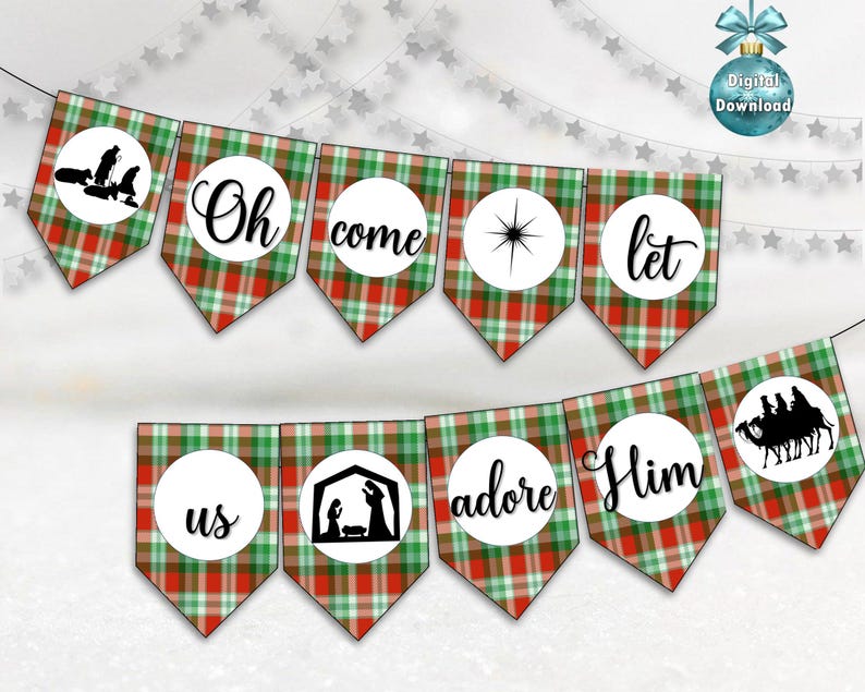 Printable Nativity Plaid Banner, "oh Come Let Us Adore Him" Christmas ...