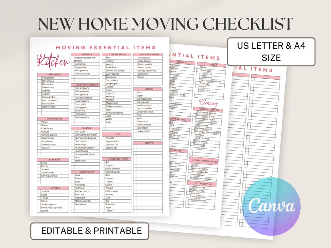 Editable Moving Checklist Printable | New Home Essentials Checklist ...