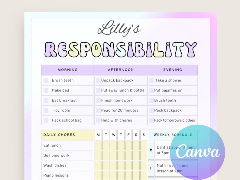 Editable Responsibility Chore Chart for Kids | Kids Daily Weekly ...