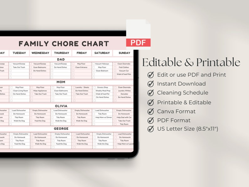Family Chore Chart | Printable Weekly Chore List | Kids, Adults Chore ...