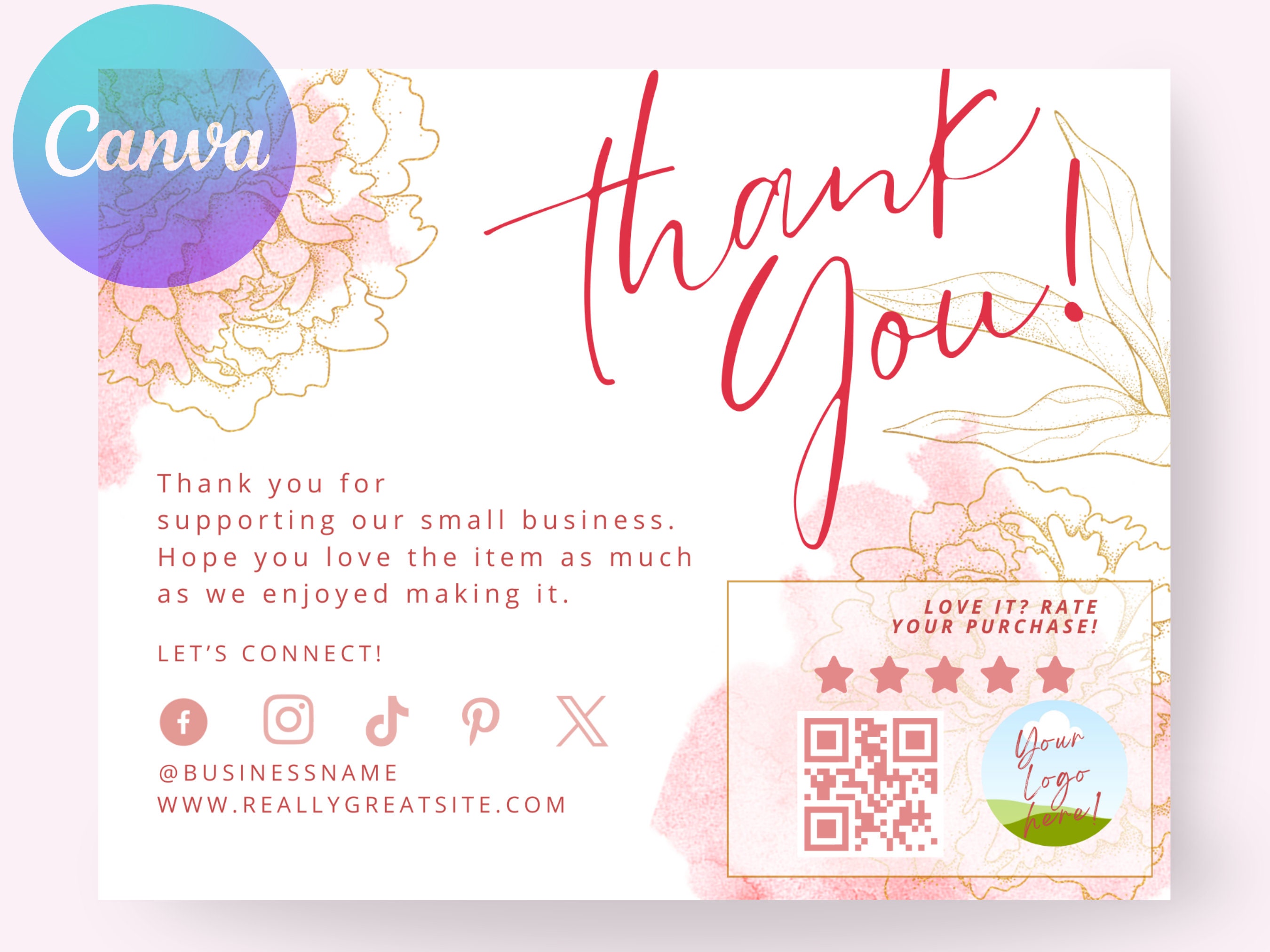 Thank You Card Template, Thank You Package Insert, DIY Marketing Cards ...