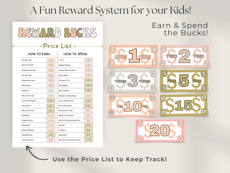 Editable Kids Reward Bucks | Kids Reward Play Money | Mom Bucks Chart ...