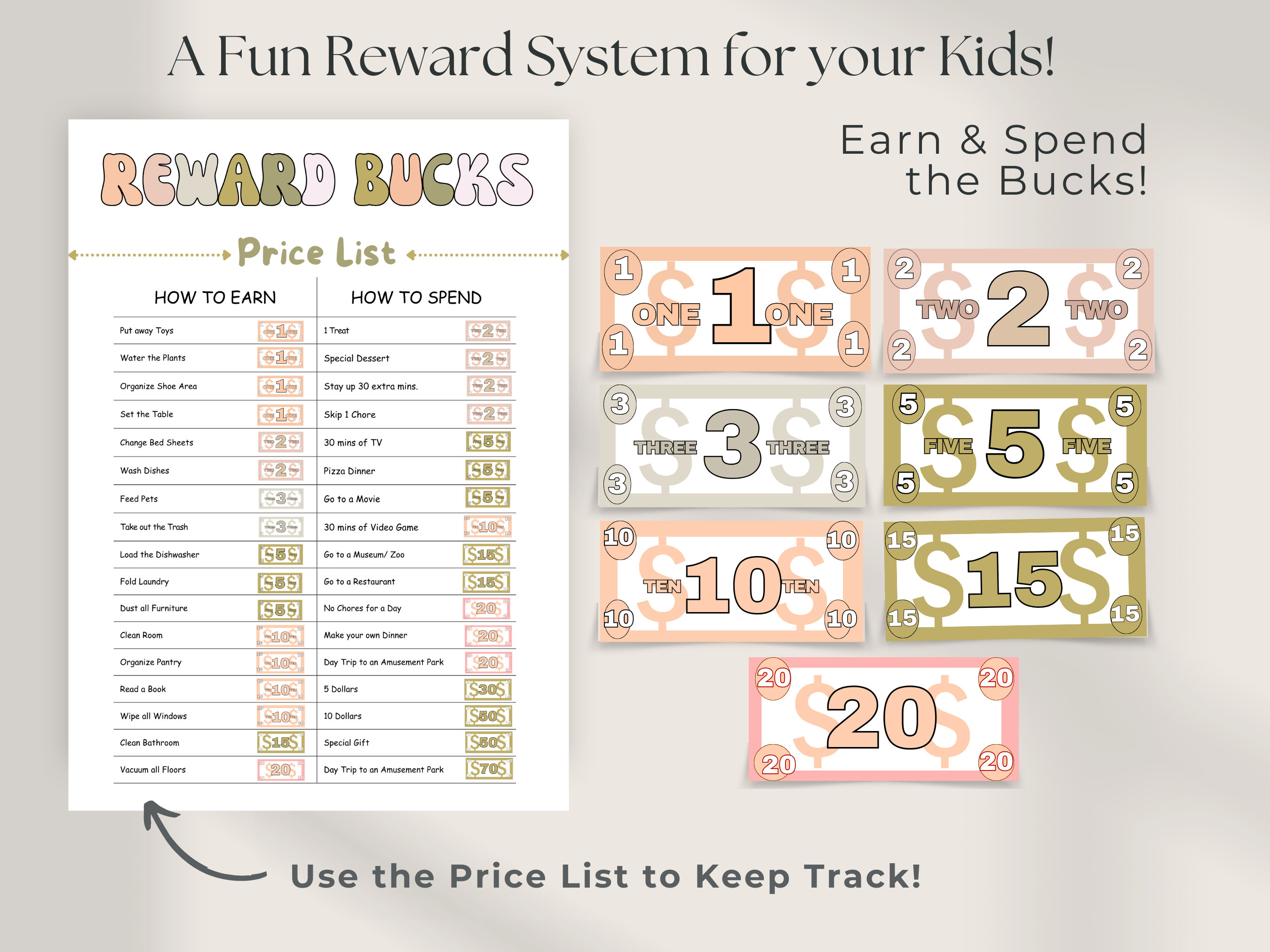 Editable Kids Reward Bucks | Kids Reward Play Money | Mom Bucks Chart ...
