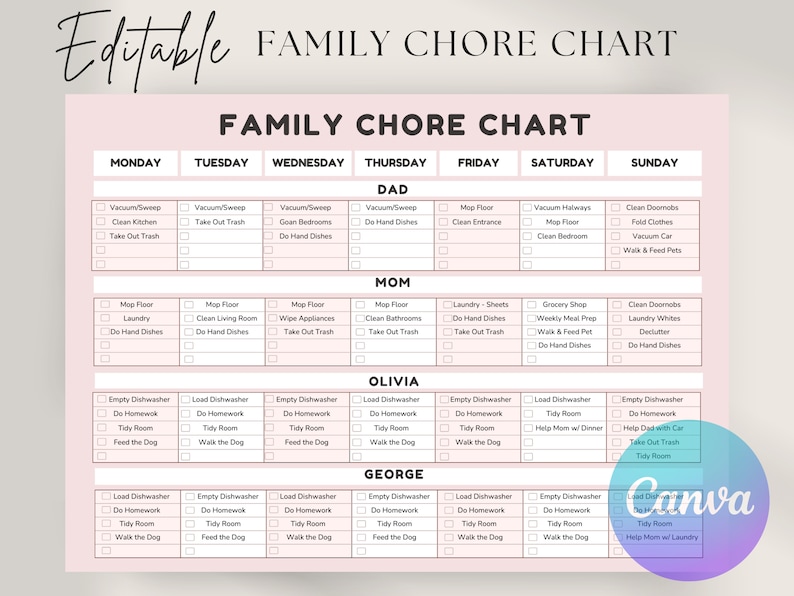 Family Chore Chart | Printable Weekly Chore List | Kids, Adults Chore Chart | Cleaning Schedule ...