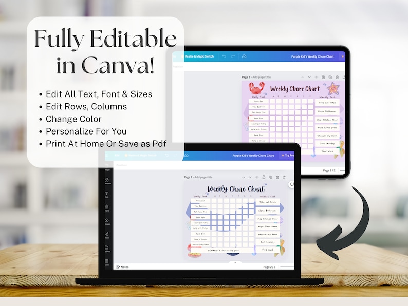 Editable Kids Chore Chart: Purple Ocean Theme (printable PDF) - Etsy