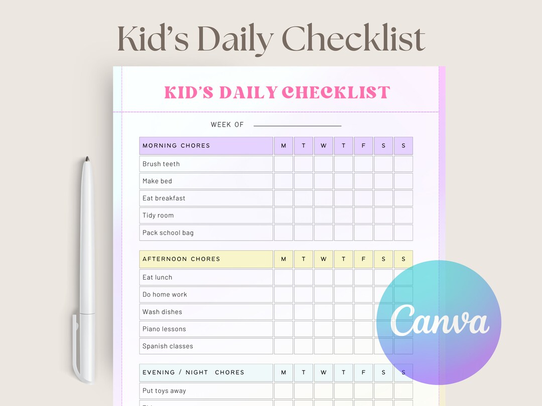 Kids Daily School Checklist Schedule | Daily Routine Responsibility ...