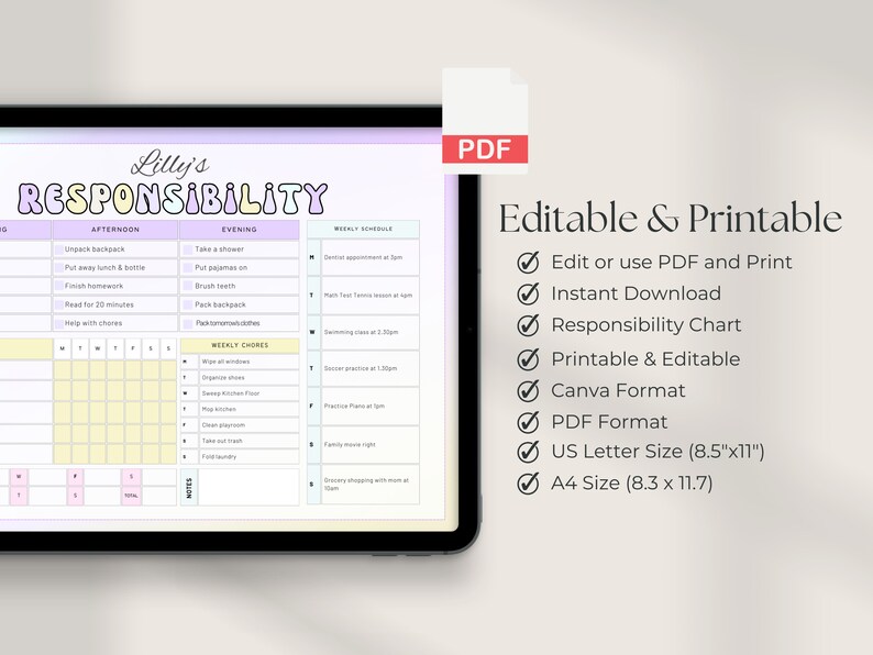 Editable Responsibility Chore Chart for Kids | Printable | Kids Daily ...