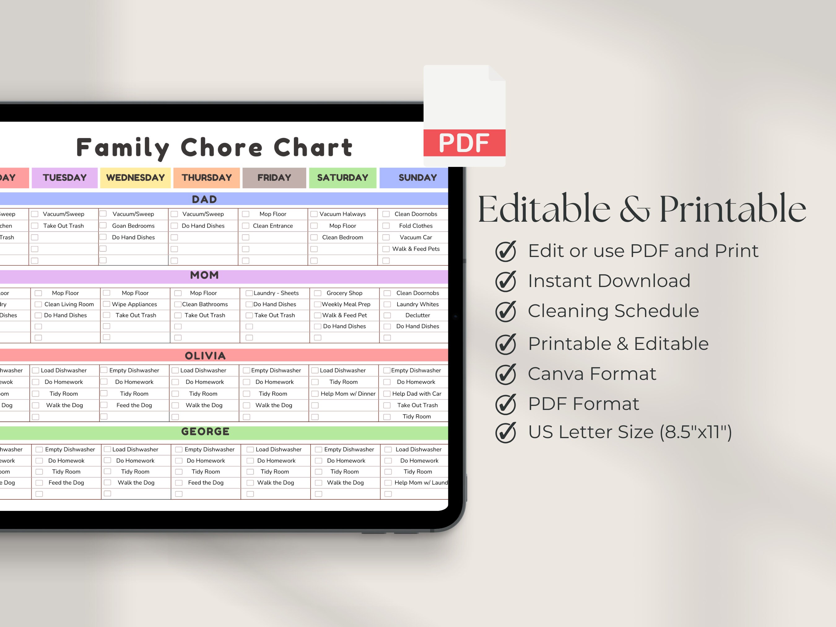 Weekly Family Chore Chart | Printable Weekly Chore List | Editable and ...