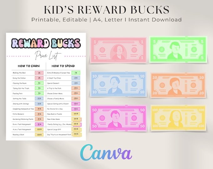 Editable Kids Reward Bucks | Printable | Mom Bucks, PDF Reward System ...