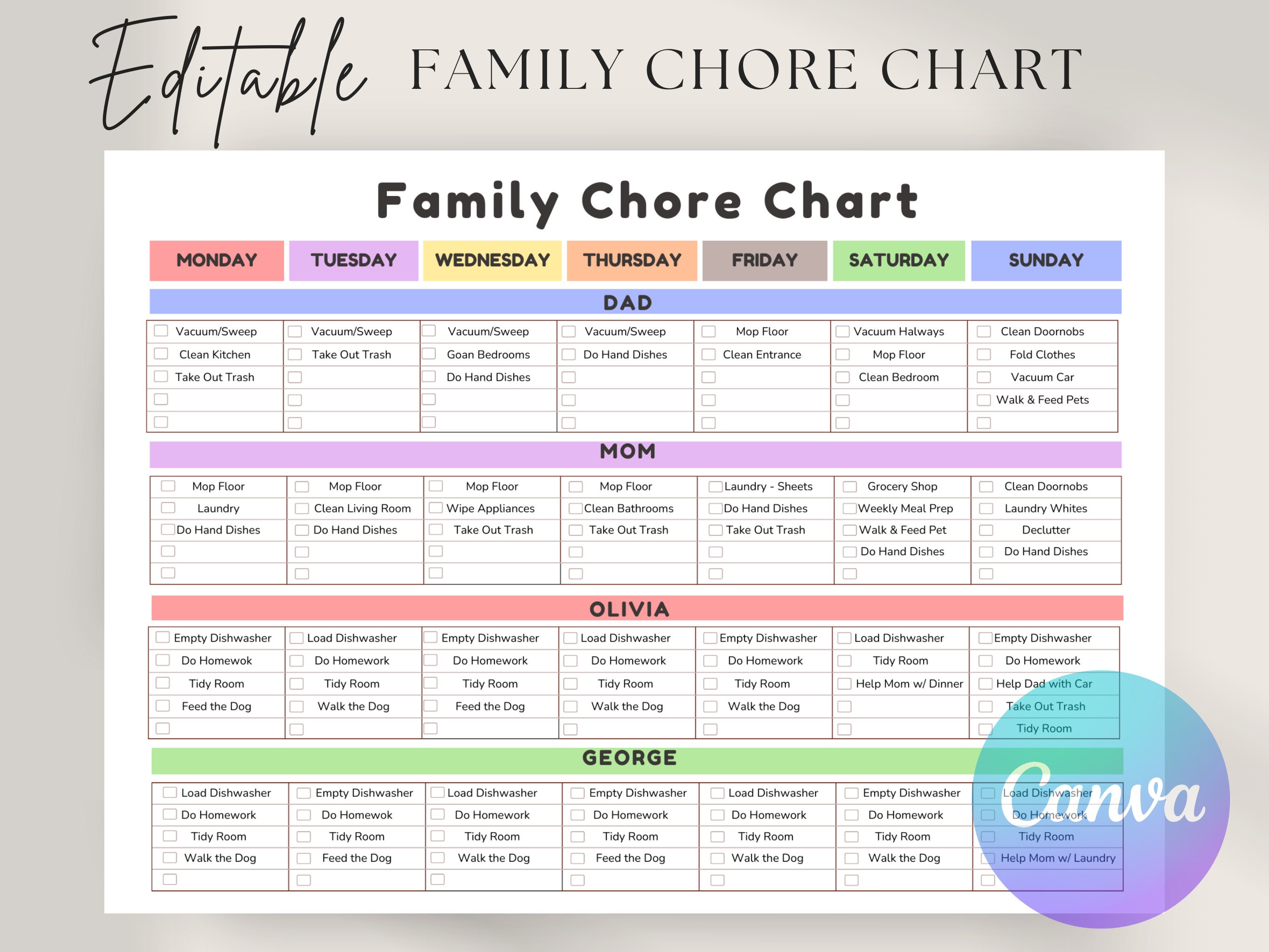 Weekly Family Chore Chart | Printable Weekly Chore List | Editable and ...