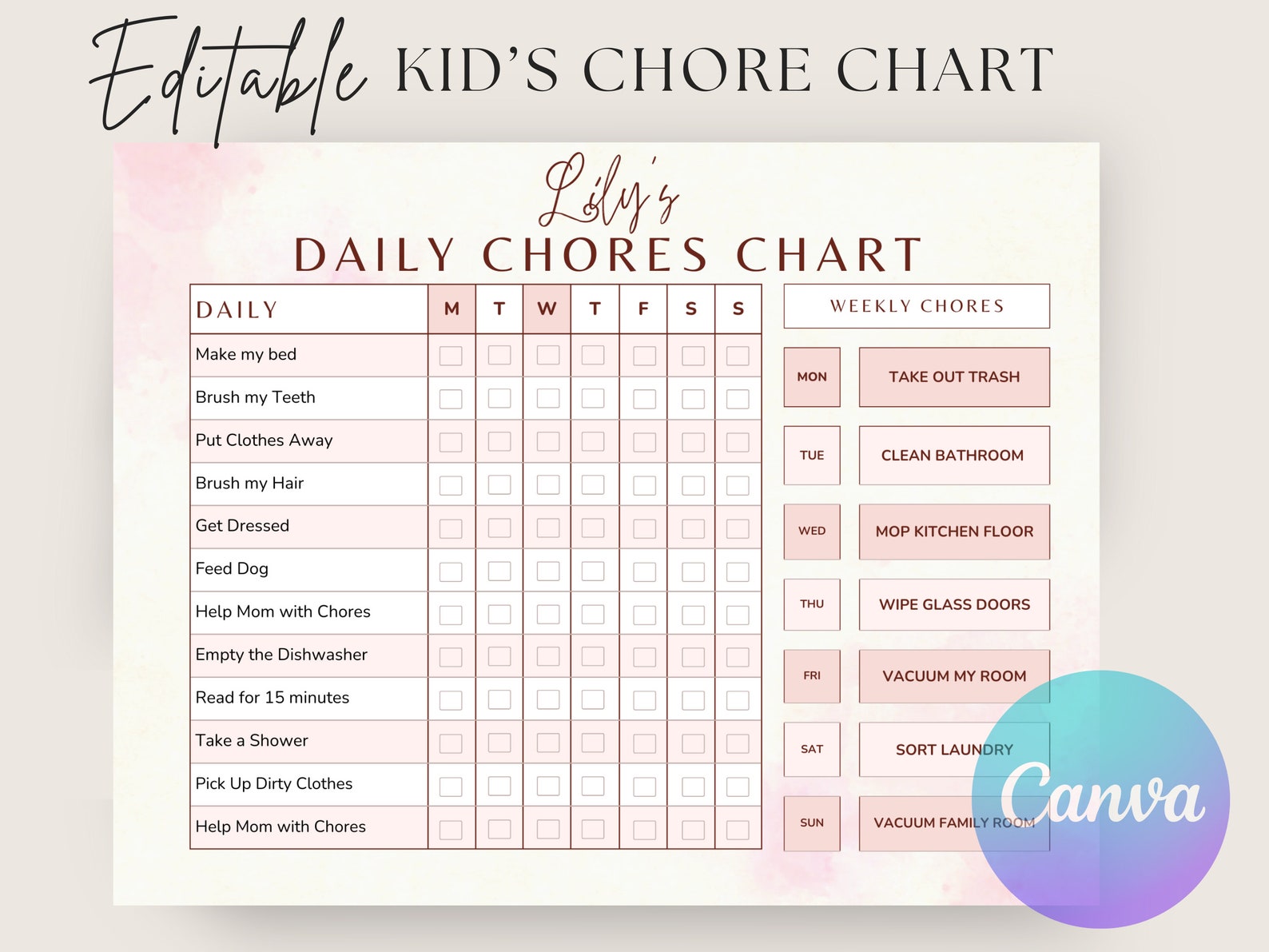 Editable Kids Chore Charts Checklist | Kids Daily Weekly Responsibility ...