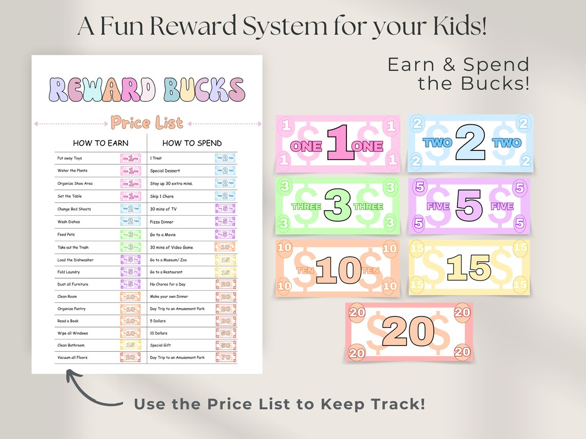 Editable Kids Reward Bucks: Printable Chore System (PDF) - Etsy