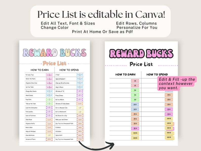 Editable Kids Reward Bucks and Chart | Printable - Reward Bucks | Chore ...