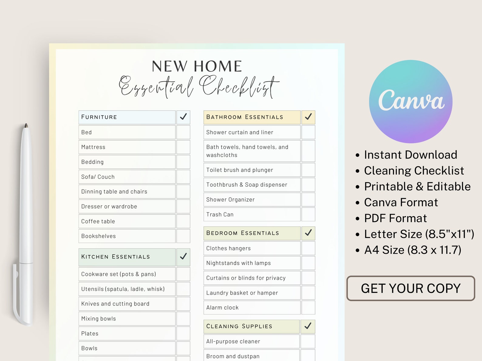 New Home Essentials Checklist | New Home Checklist Printable | First ...