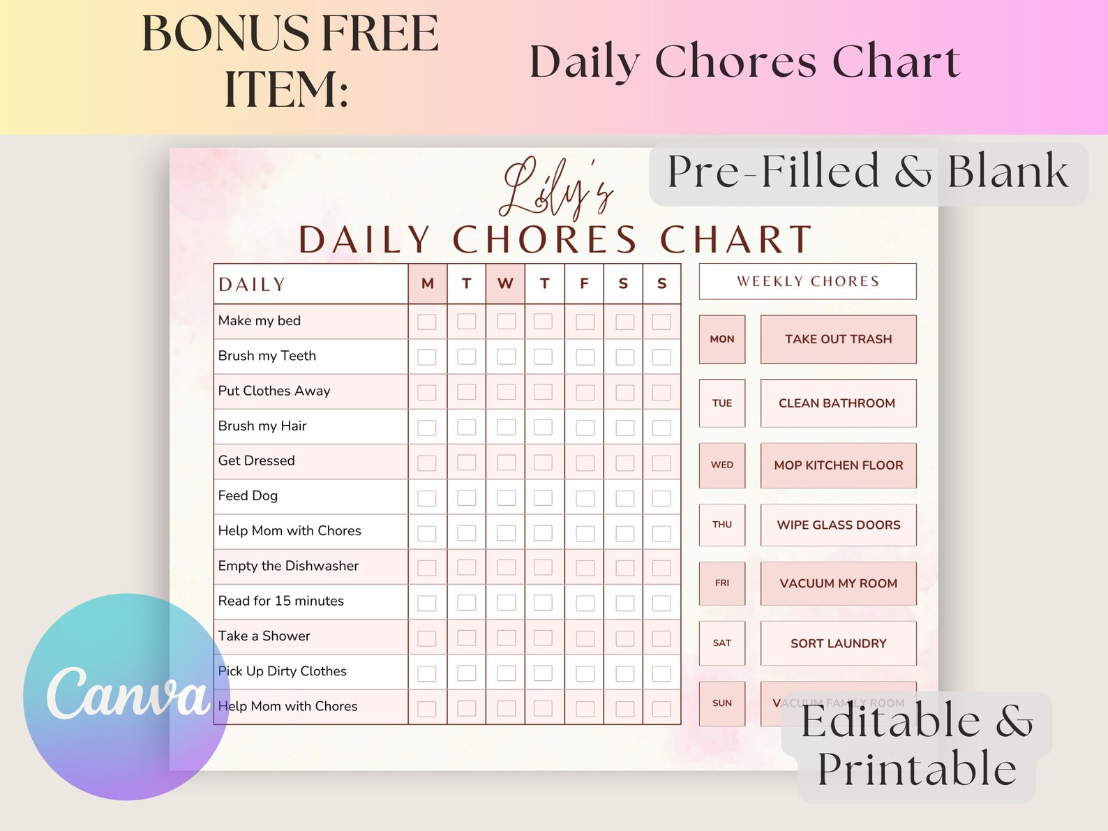 Editable Responsibility Chore Chart for Kids | Kids Daily Weekly ...