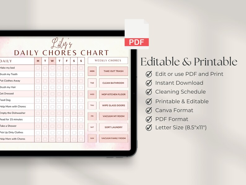 Editable Kids Chore Charts Checklist | Kids Daily Weekly Responsibility ...