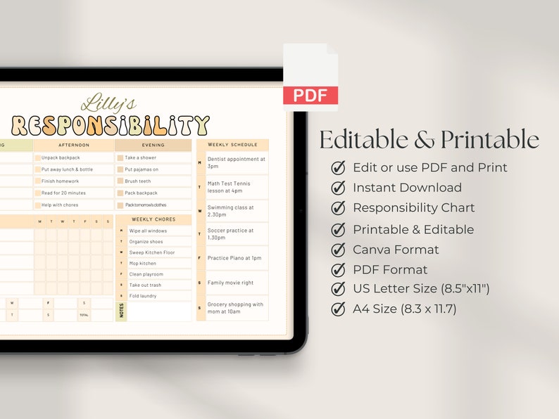 Editable Kids Responsibility Chart: Daily & Weekly Schedule (PDF) - Etsy