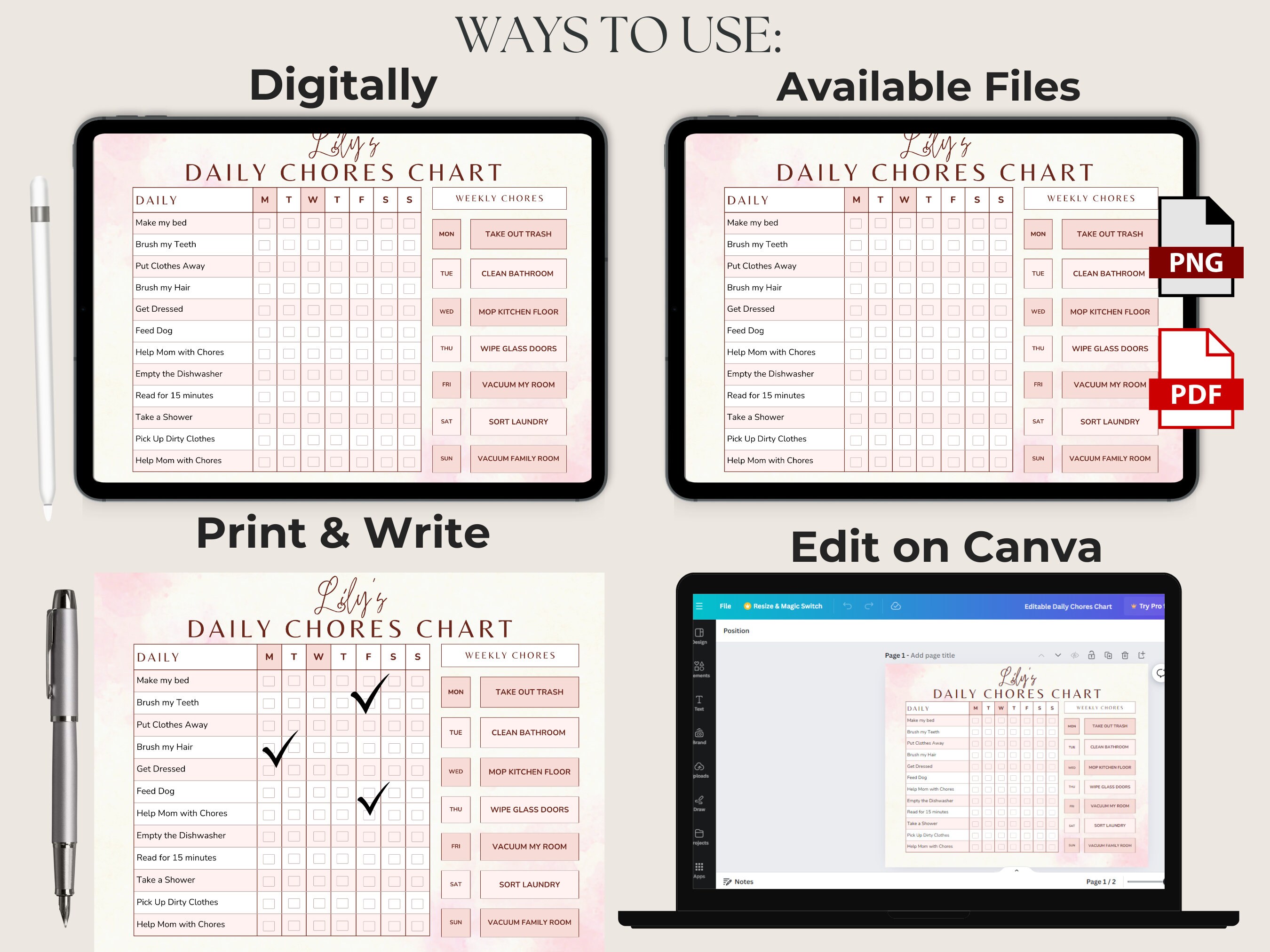 Editable Kids Chore Charts Checklist | Kids Daily Weekly Responsibility ...