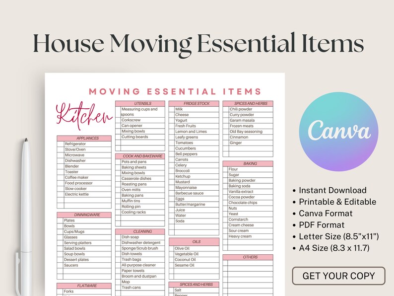 Editable Moving Checklist Printable | New Home Essentials Checklist ...