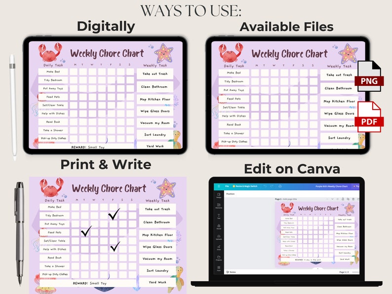 Editable Kids Chore Chart: Purple Ocean Theme (printable PDF) - Etsy