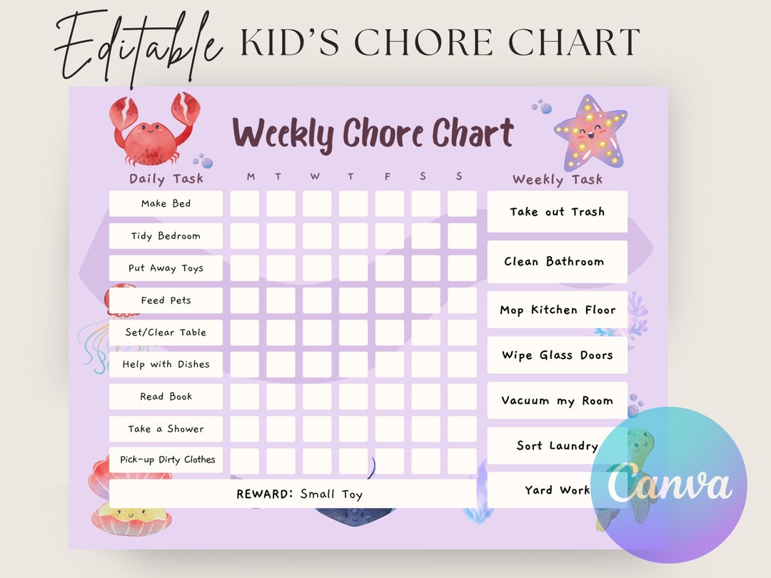 Chore Chart for Kids Editable in Canva | Behavior Chart List | Weekly ...