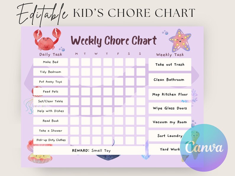 Editable Kids Chore Chart: Purple Ocean Theme (printable PDF) - Etsy