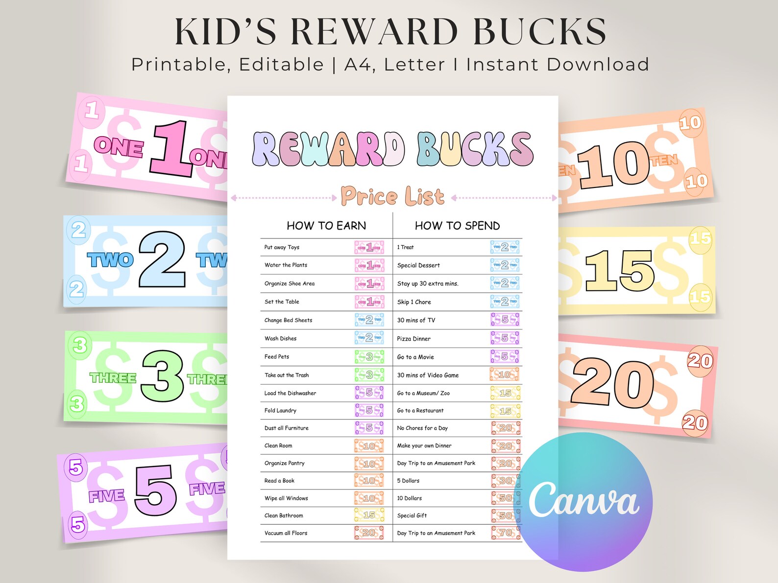 Editable Kids Reward Bucks: Printable Chore System (PDF) - Etsy