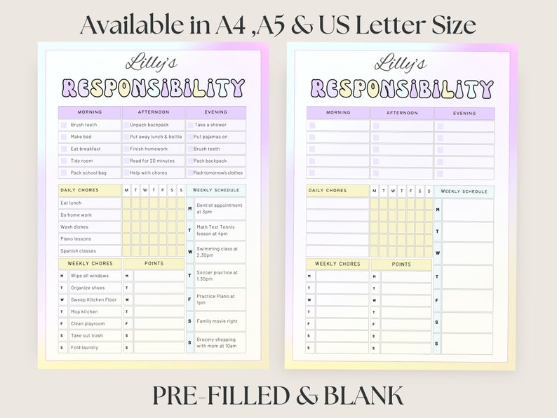 Editable Responsibility Chore Chart for Kids | Kids Daily Weekly ...