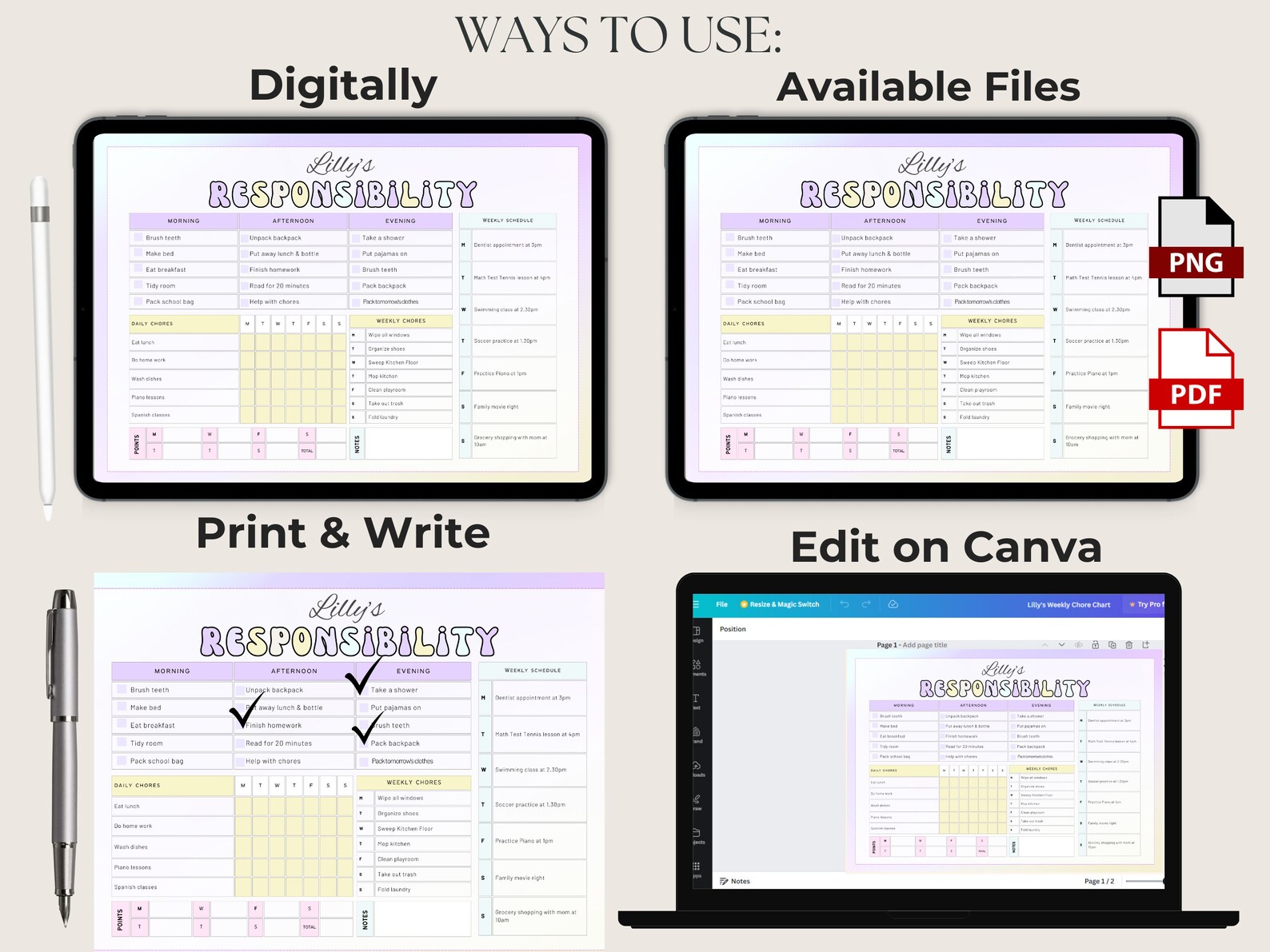 Editable Responsibility Chore Chart for Kids | Printable | Kids Daily ...
